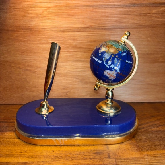 Office | Vintage Desk Globe Pen Set With Stand Colbalt Blue Gold Tone ...